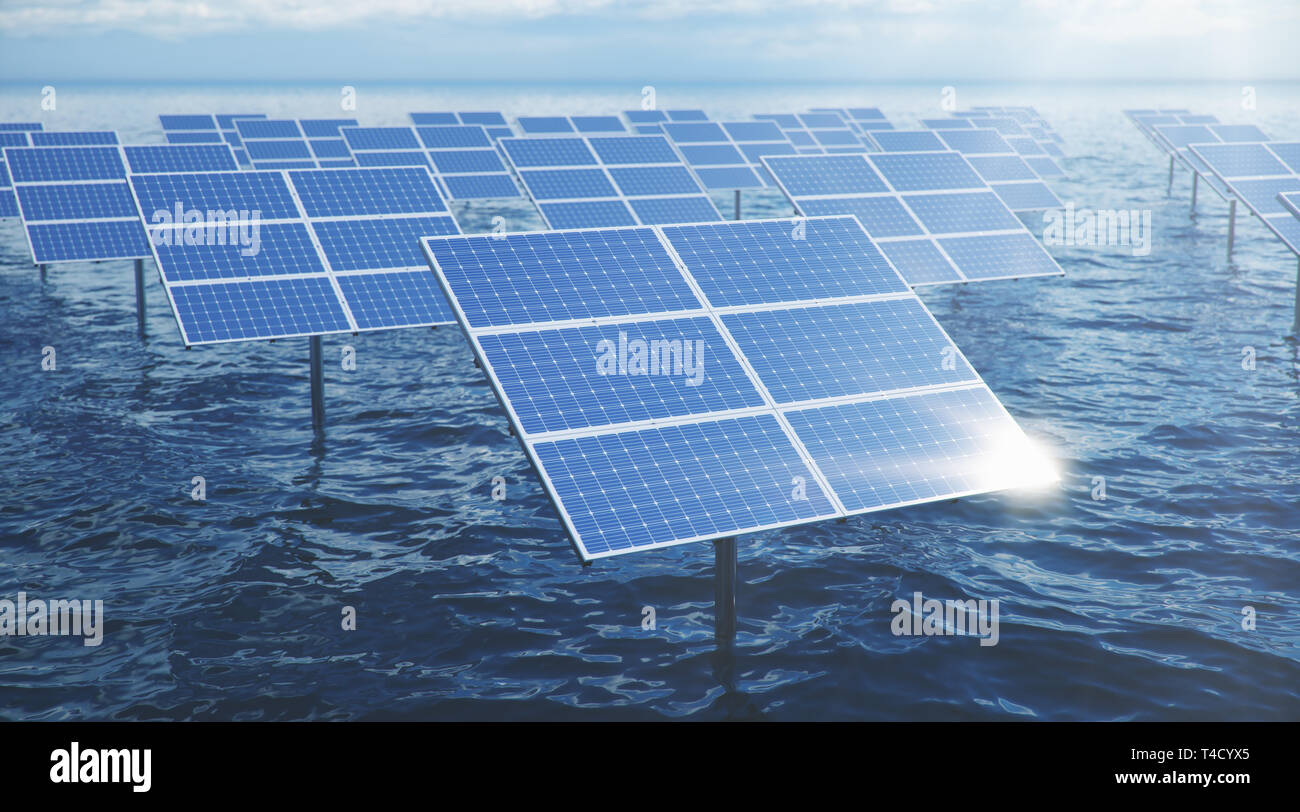 3D illustration solar panels in the sea or ocean. Alternative energy ...