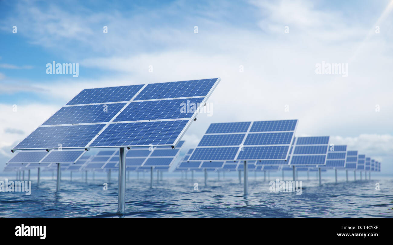3D illustration solar panels in the sea or ocean. Alternative energy ...