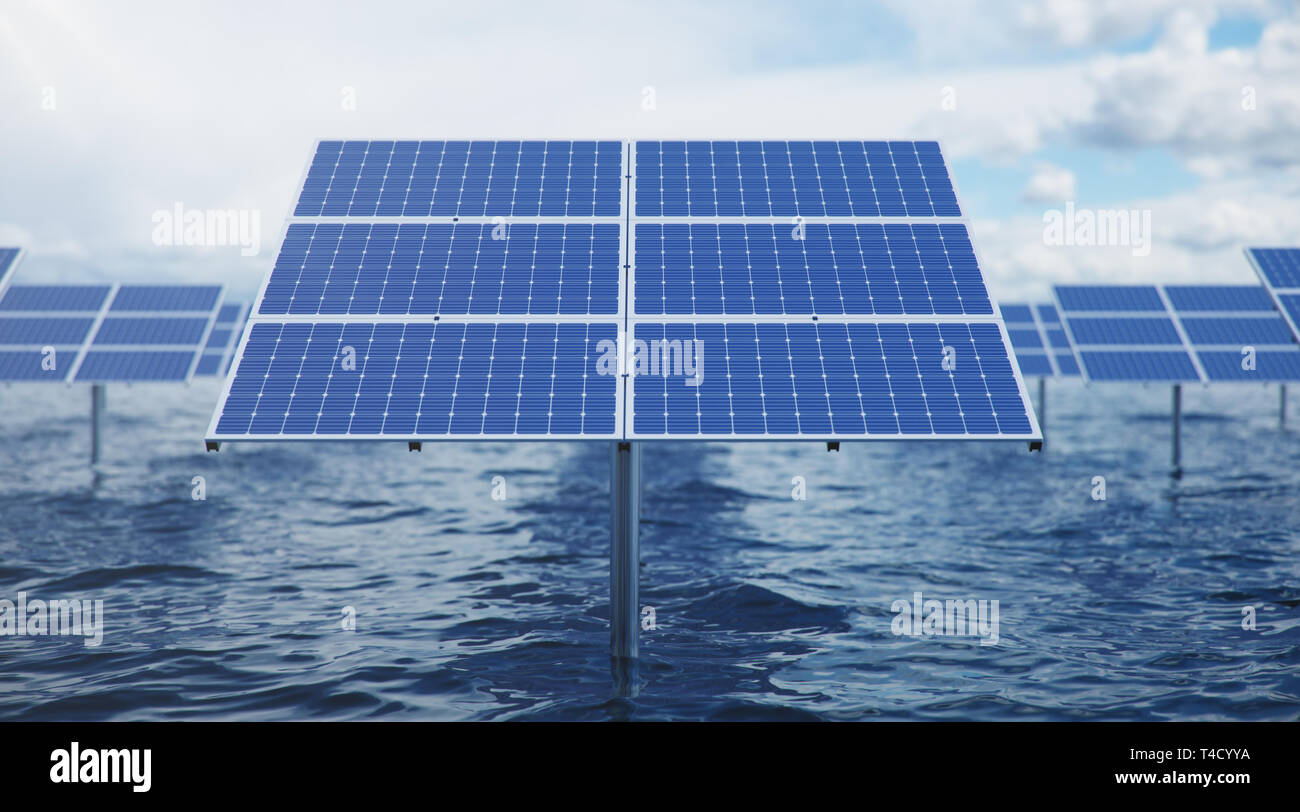3D illustration solar panels in the sea or ocean. Alternative energy ...