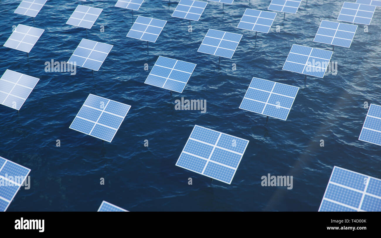3D illustration solar panels in the sea or ocean. Alternative energy ...