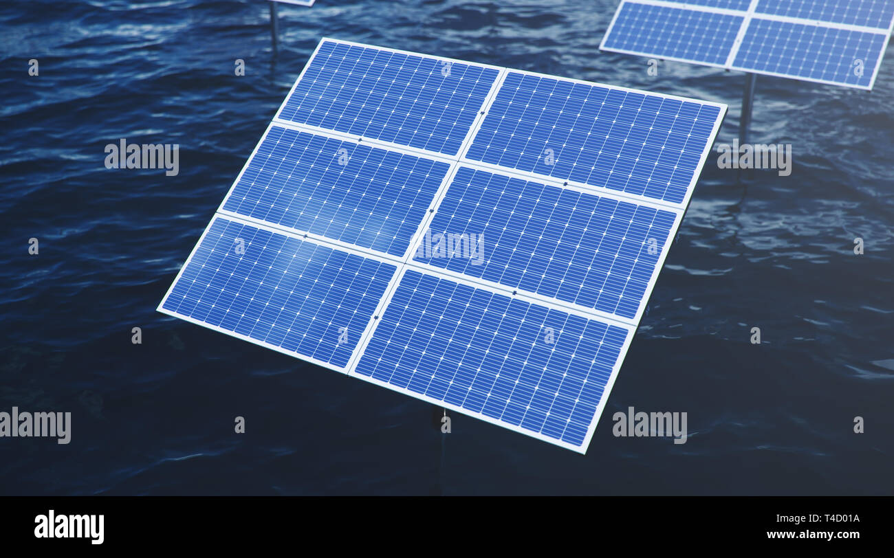 3D illustration solar panels in the sea or ocean. Alternative energy ...