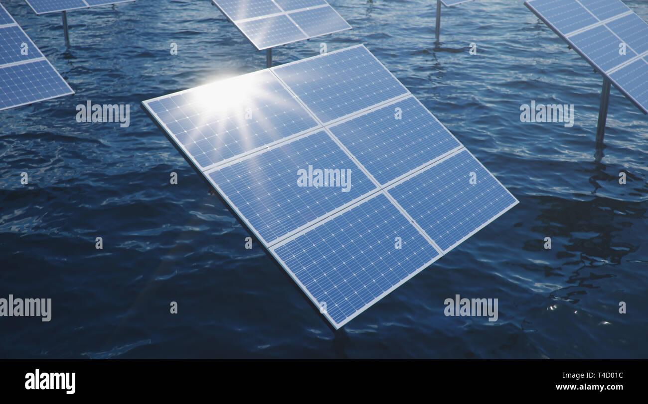 3D illustration solar panels in the sea or ocean. Alternative energy ...