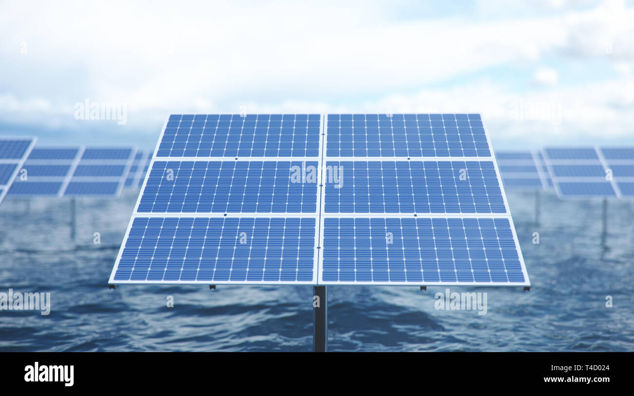 3D illustration solar panels in the sea or ocean. Alternative energy ...
