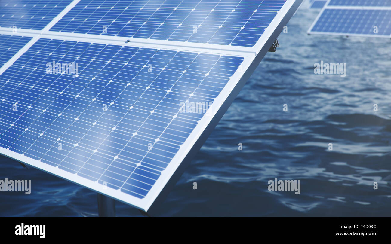 3D illustration solar panels in the sea or ocean. Alternative energy ...