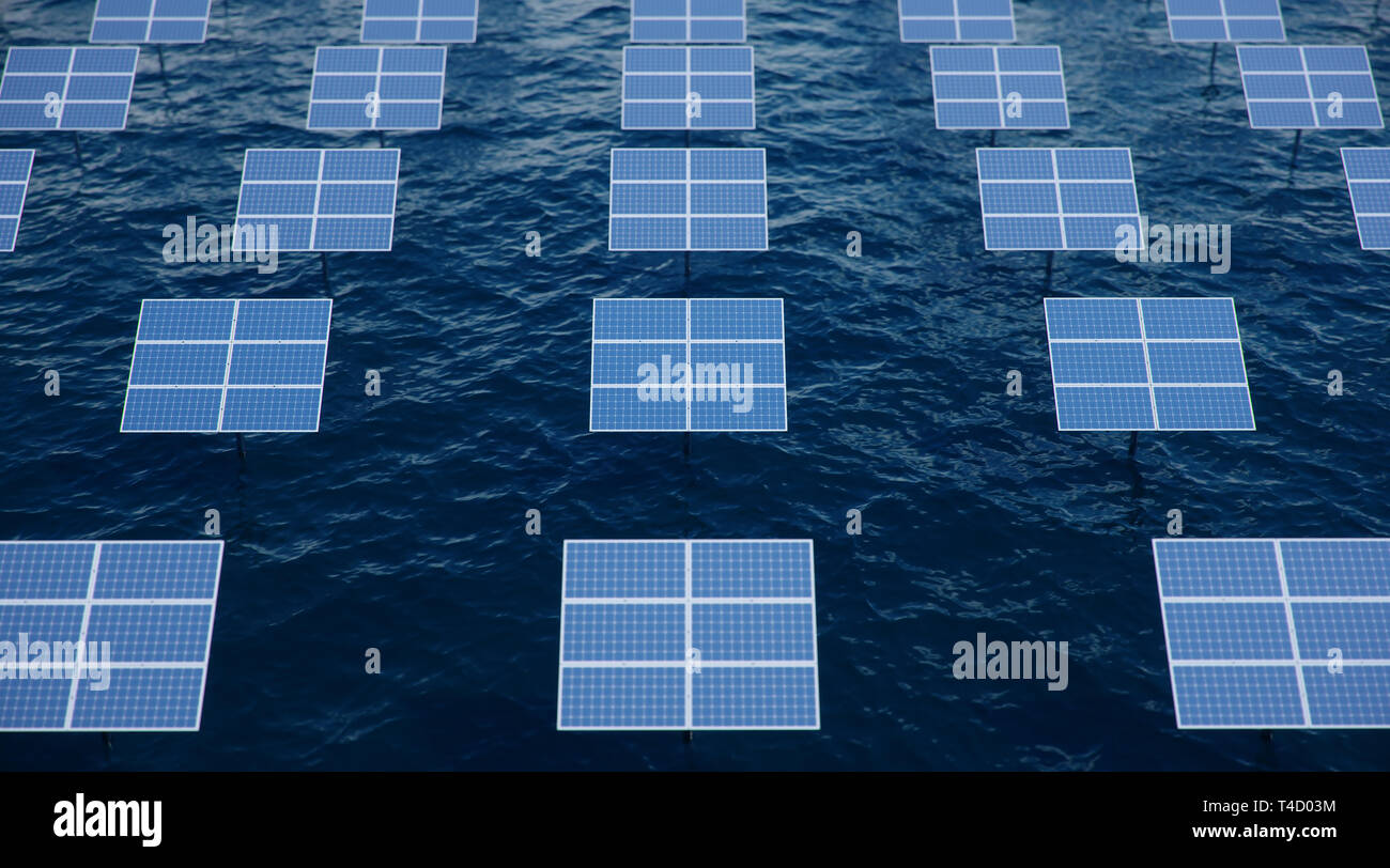 3D illustration solar panels in the sea or ocean. Alternative energy ...
