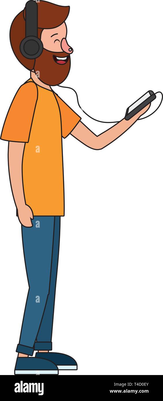 young man listening to music with earpods cartoon vector illustration ...