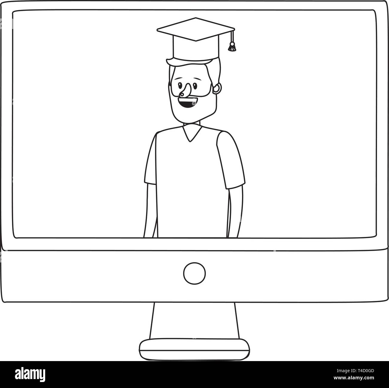online education man inside computer screen cartoon vector illustration ...