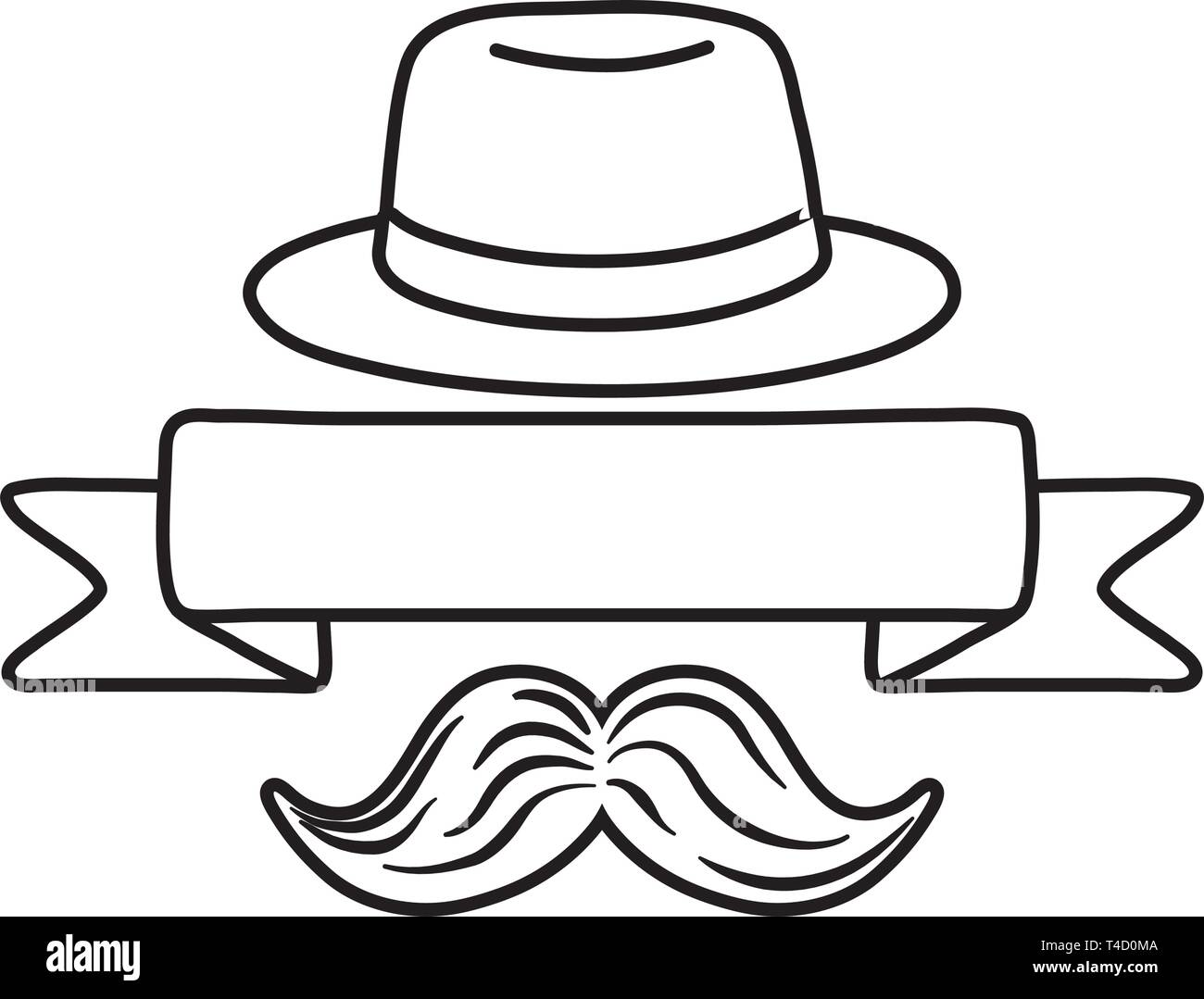 hat with ribbon and moustache icon cartoon black and white vector ...