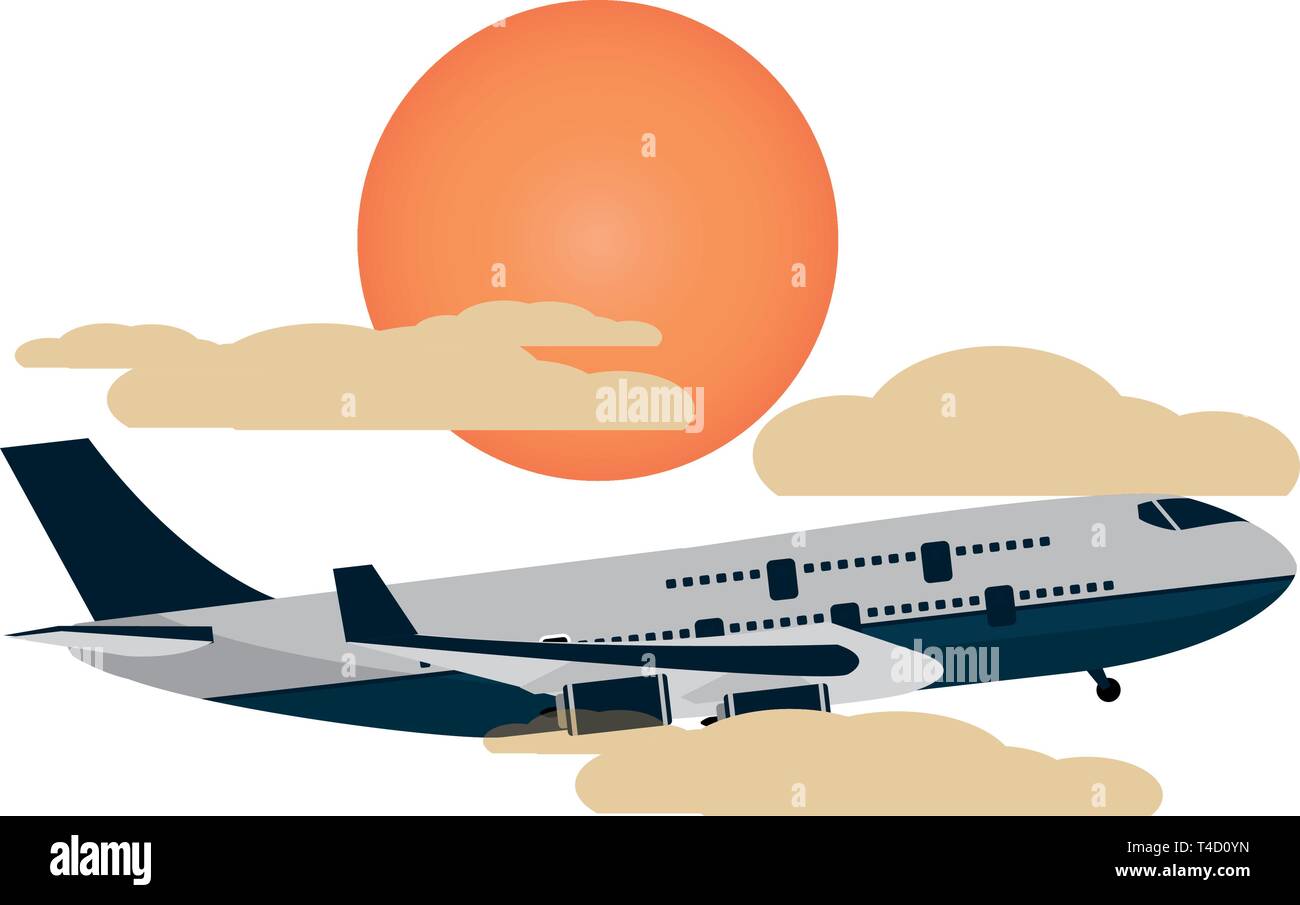 transportation concept airplane flying between clouds and sun at sunset ...