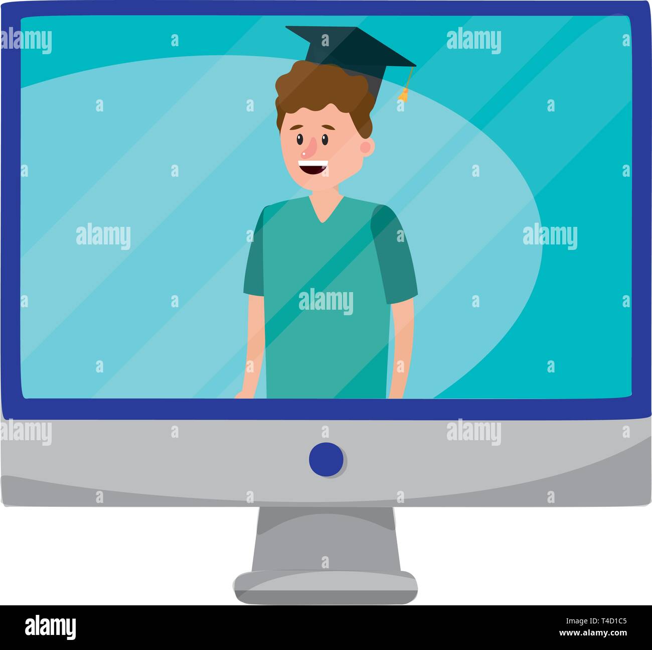 online education man inside computer screen wearing graduation hat ...