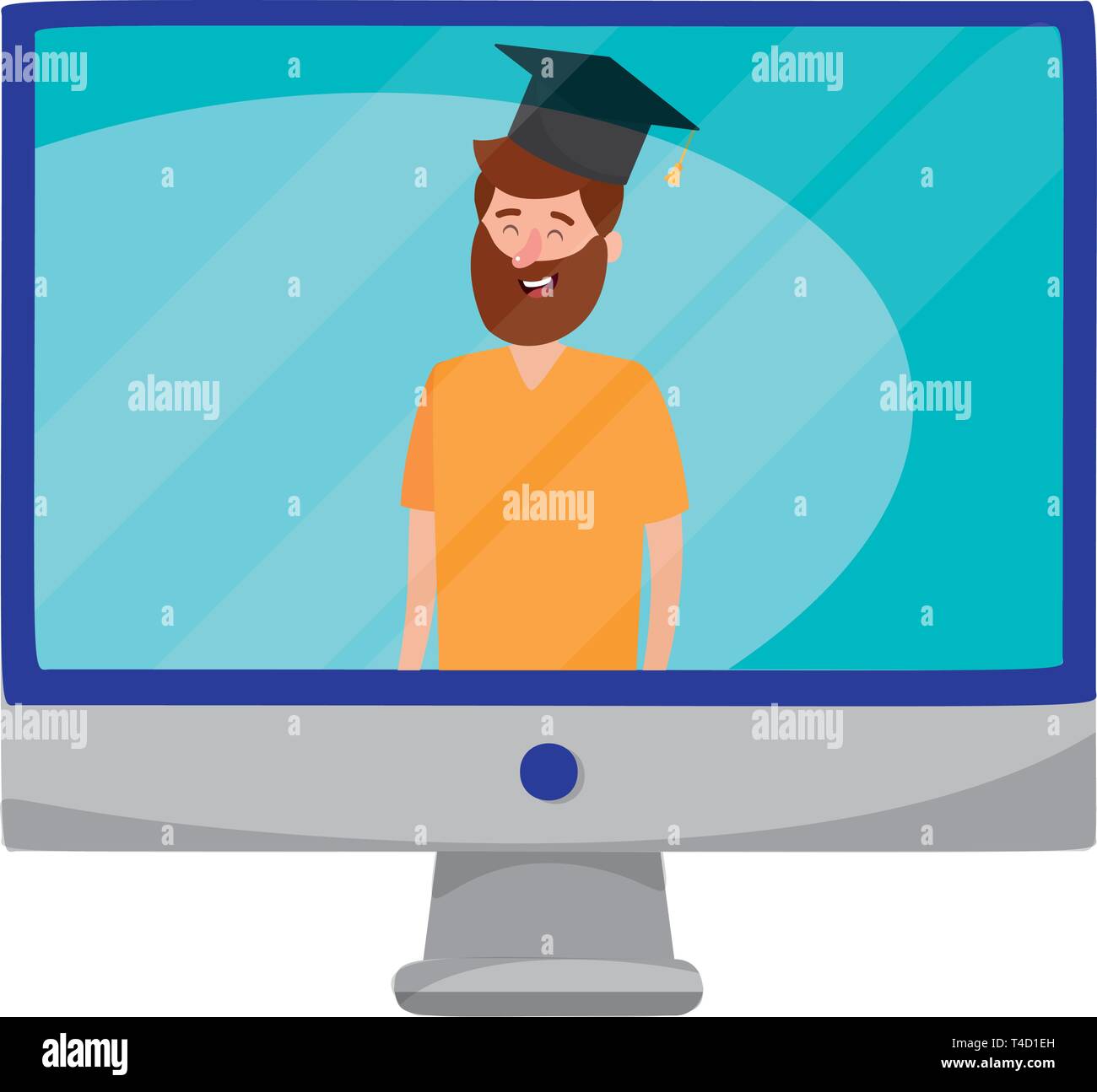 online education man inside computer screen wearing graduation hat ...