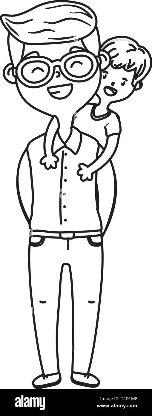 man carrying child avatar cartoon character glasses black and white ...