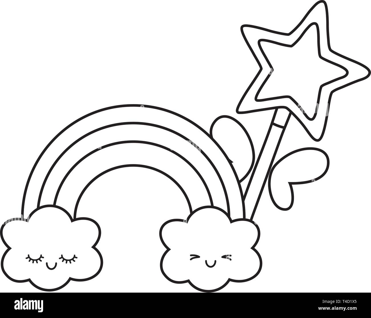 magic wand with cloud and rainbow icon cartoon black and white vector ...