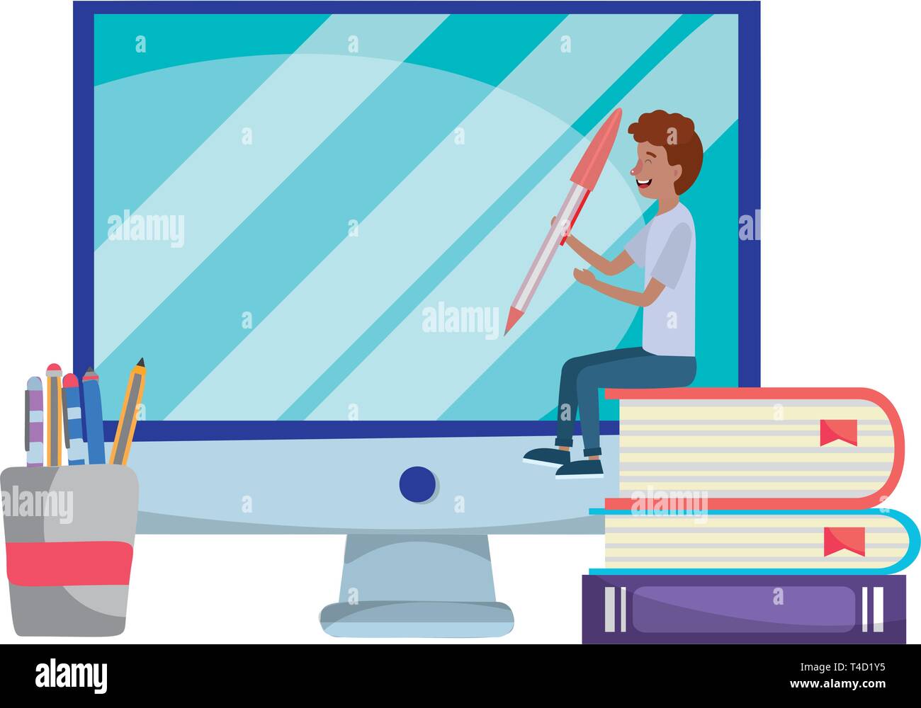 online education man studying with computer cartoon vector illustration ...