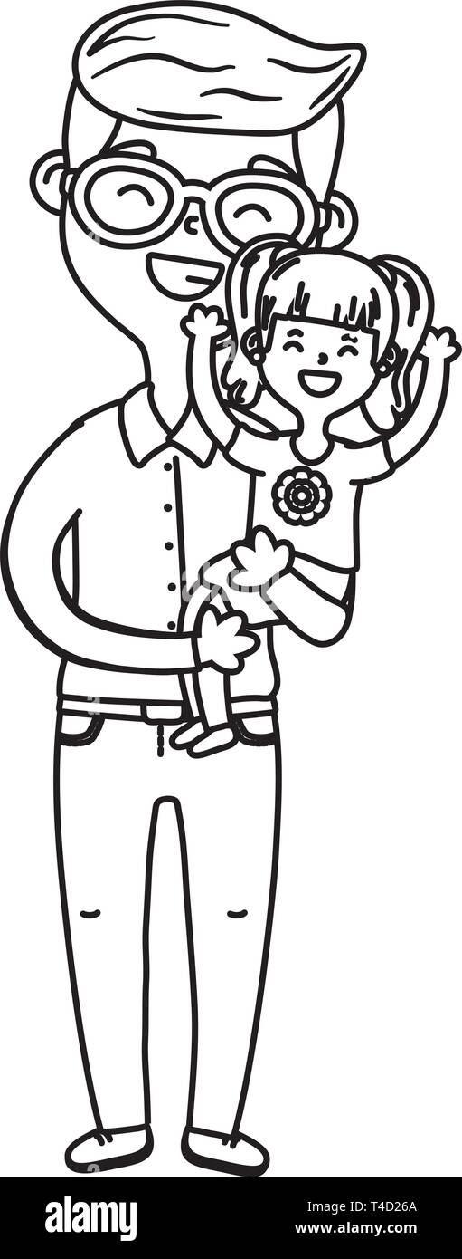 man carrying child avatar cartoon character glasses black and white ...