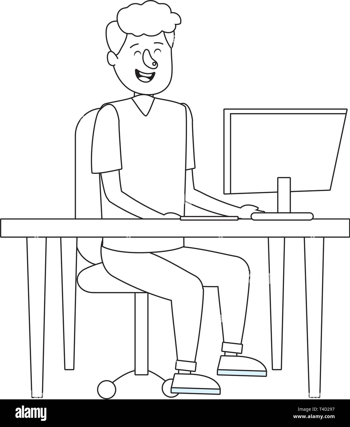 young man sitting at the desk with computer cartoon vector illustration ...