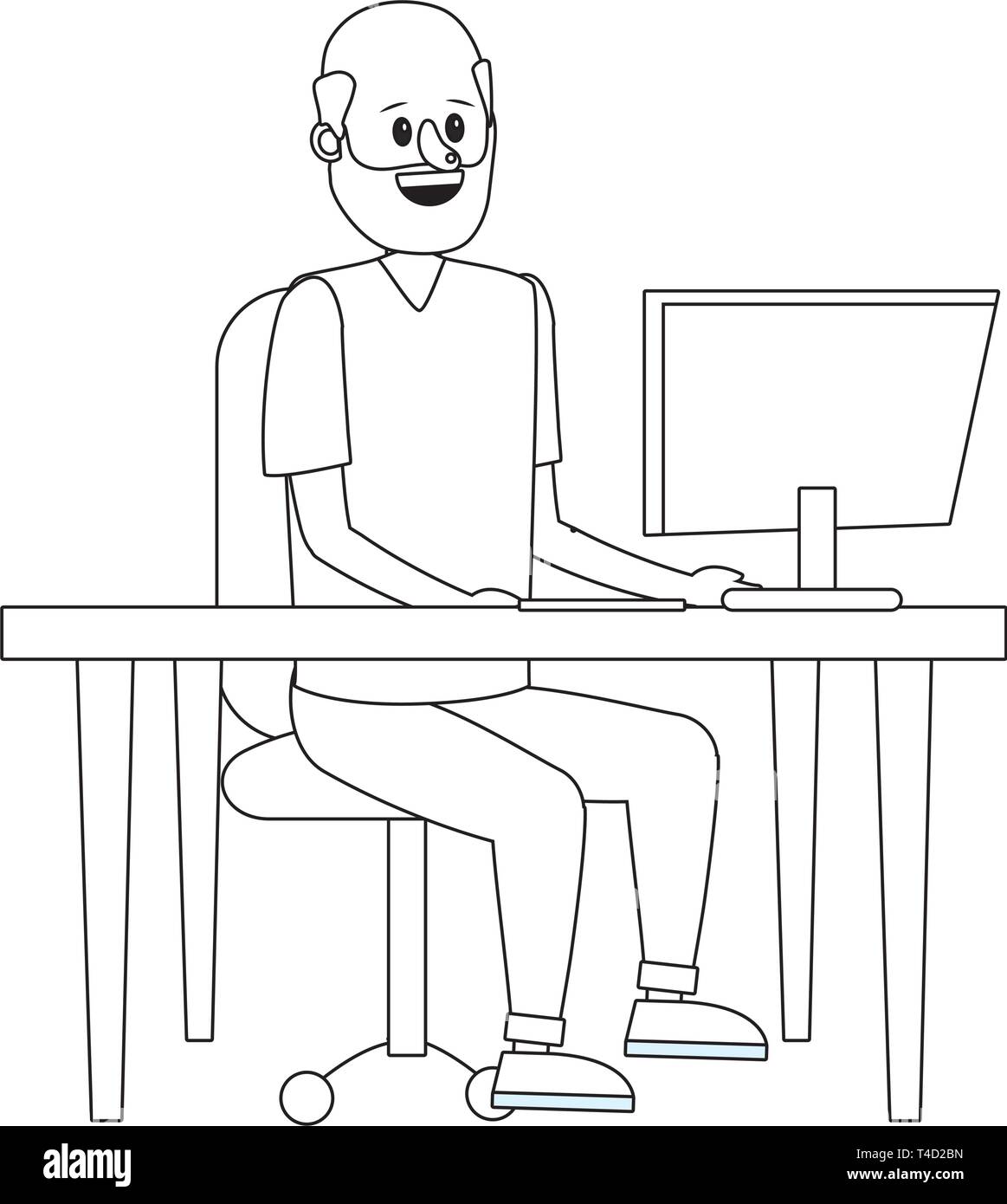 young man sitting at the desk with computer cartoon vector illustration ...