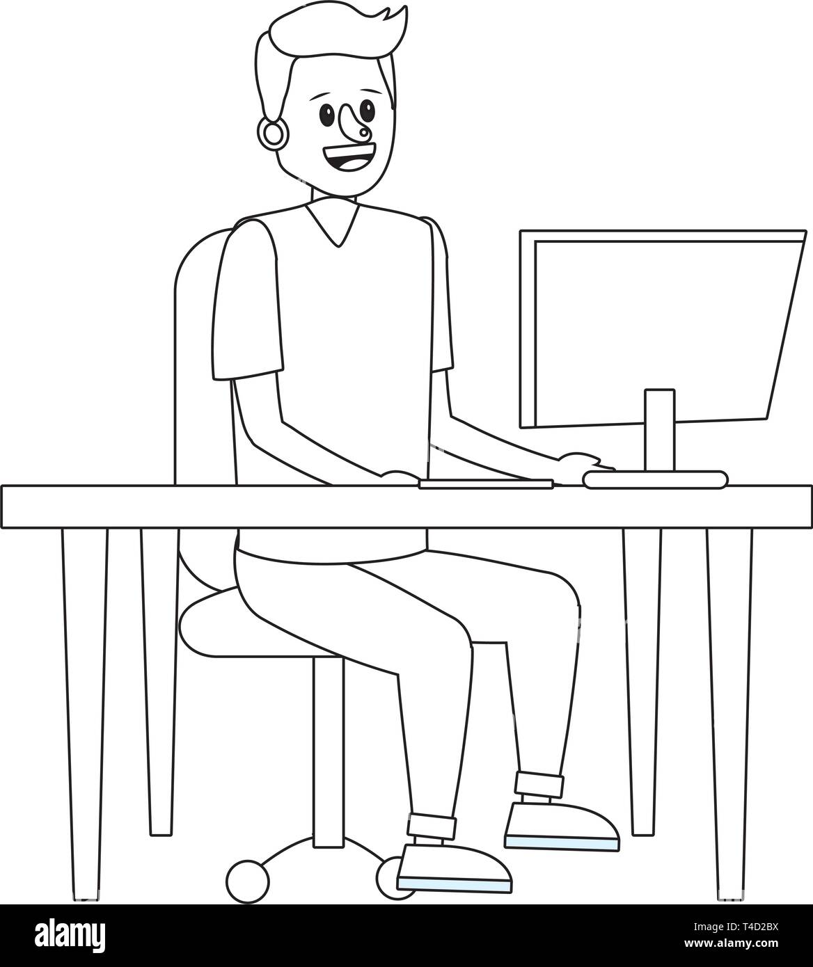 young man sitting at the desk with computer cartoon vector illustration ...
