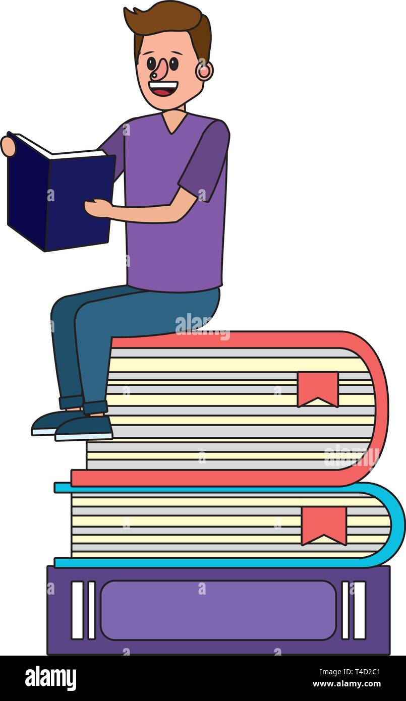 education man reading book over books cartoon vector illustration ...