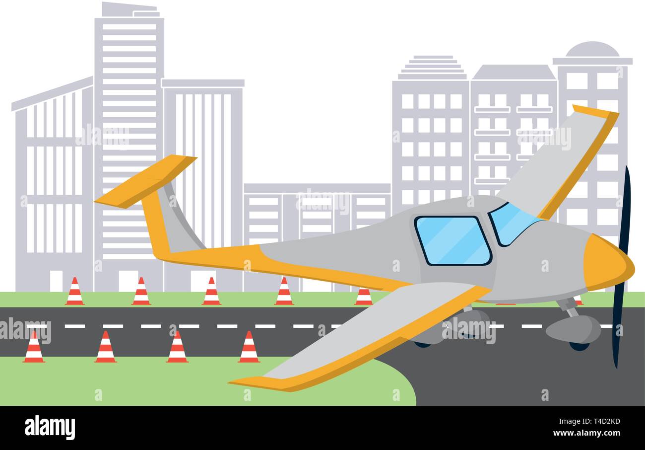 transportation concept small plane at airport runway in front city ...
