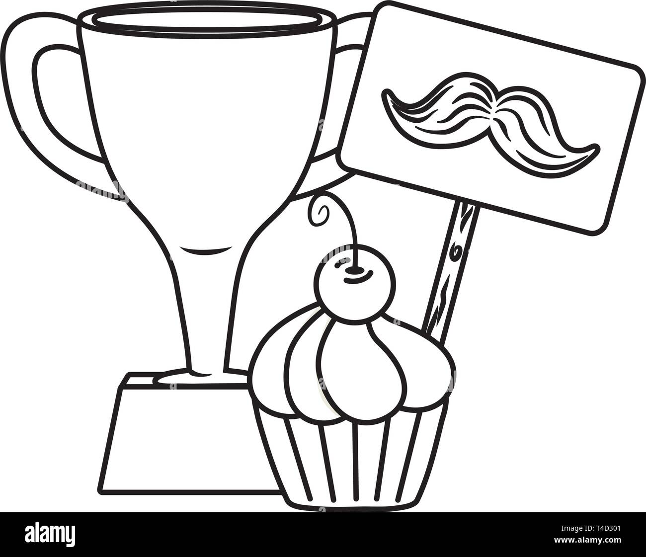trophy with moustache and muffin icon cartoon black and white vector ...