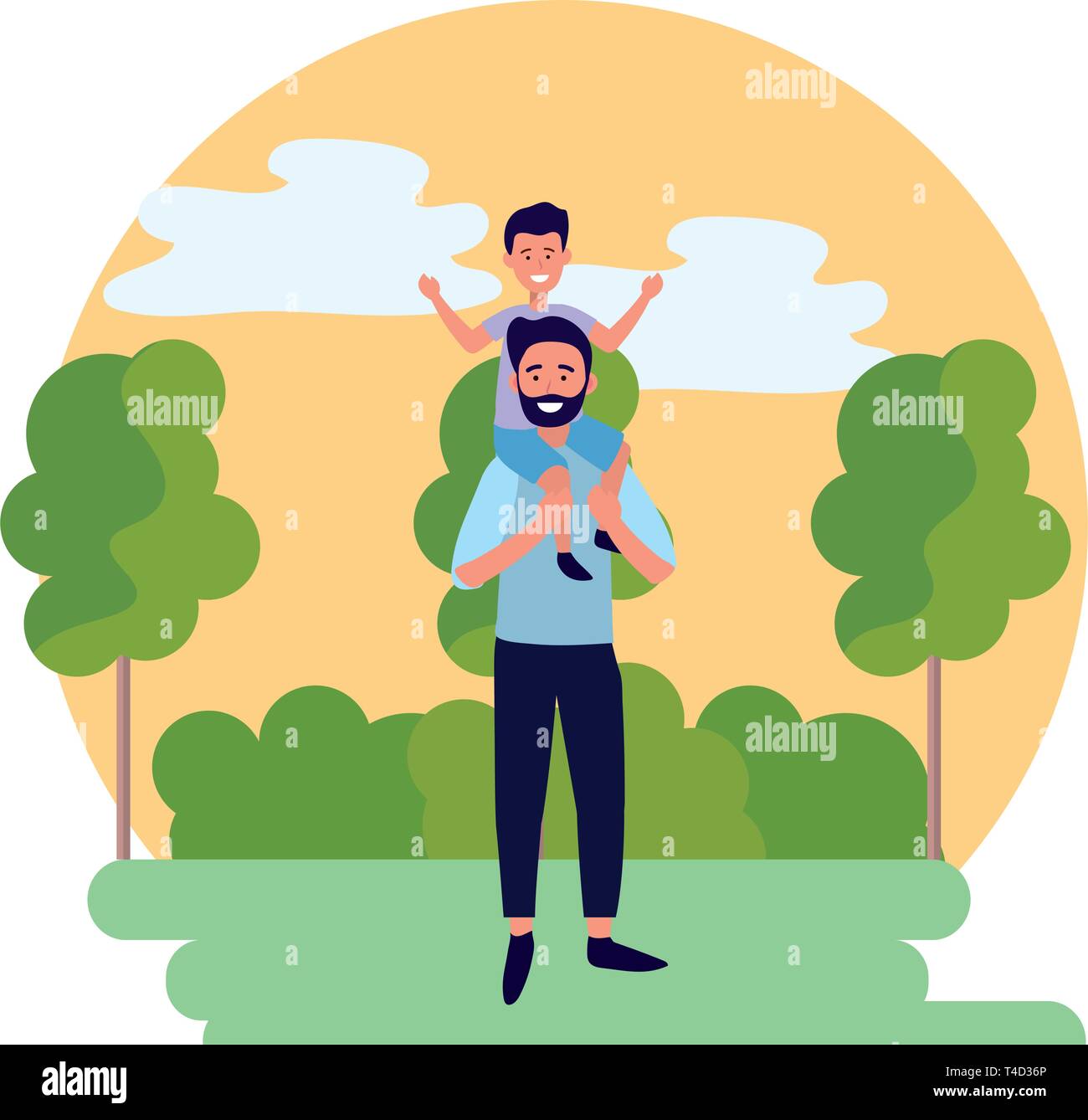 man carrying a child avatar cartoon character park landscape vector ...