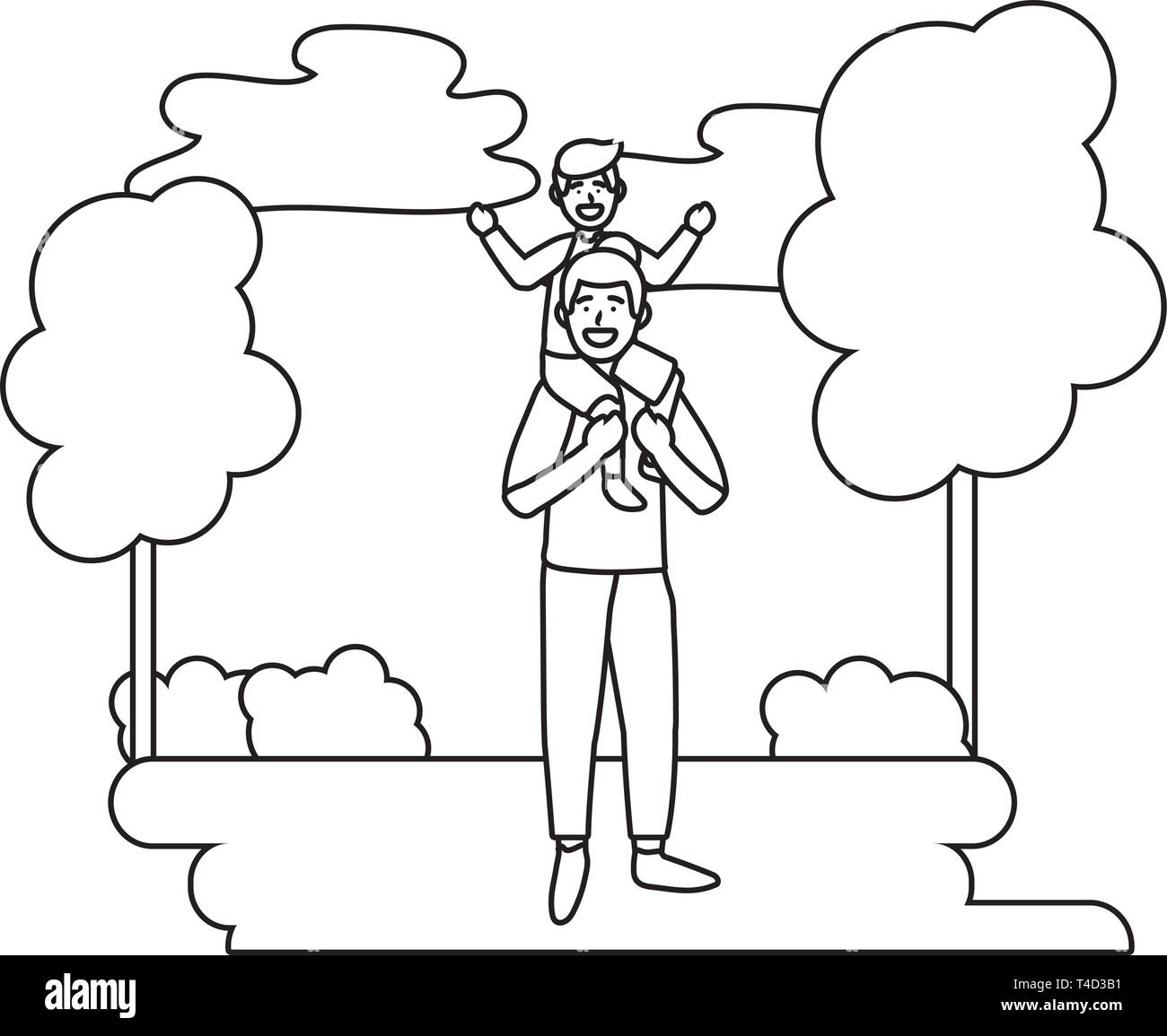 man carrying a child avatar cartoon character park landscape vector ...