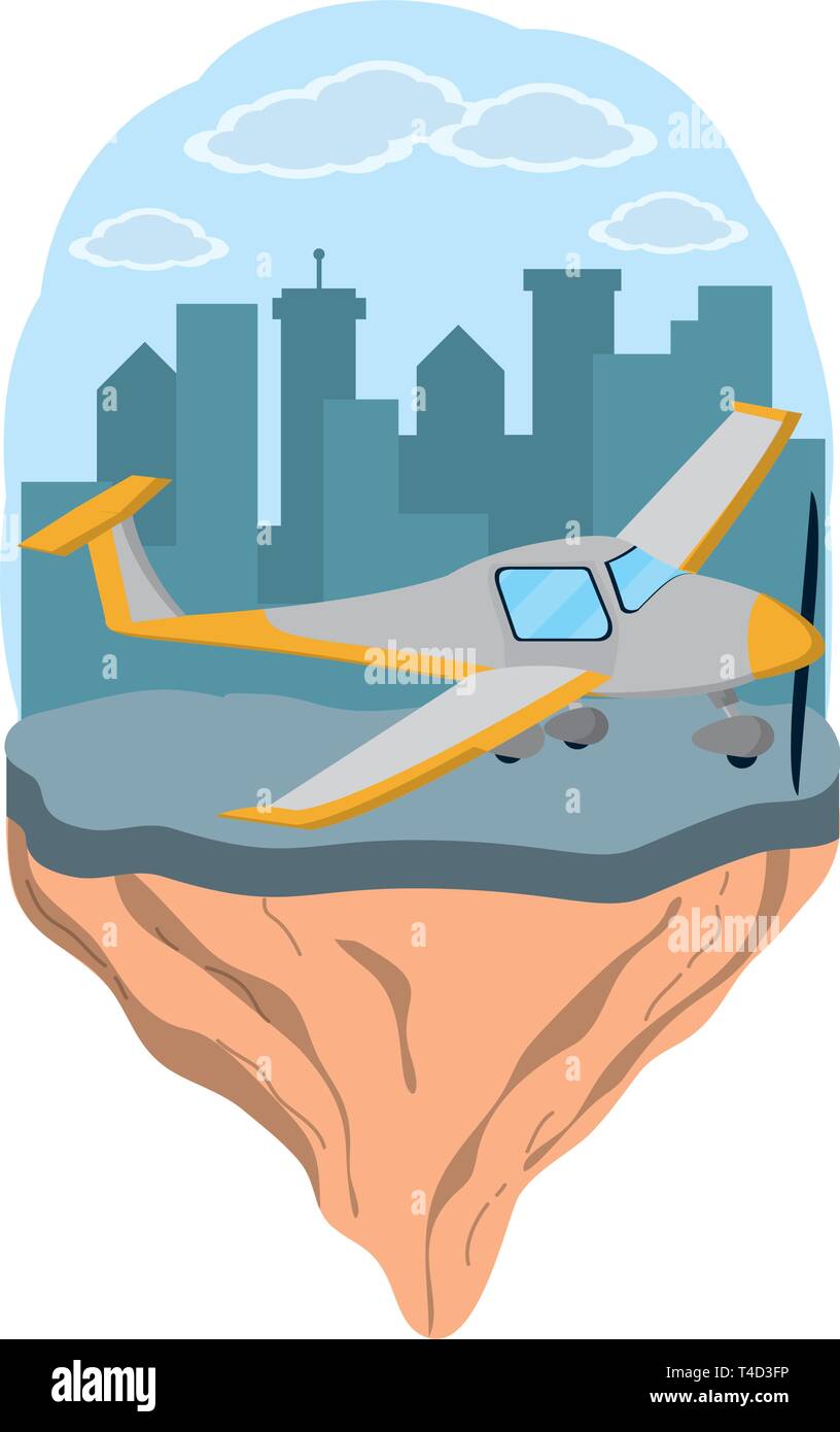 transportation concept small plane in front city landscape cartoon ...