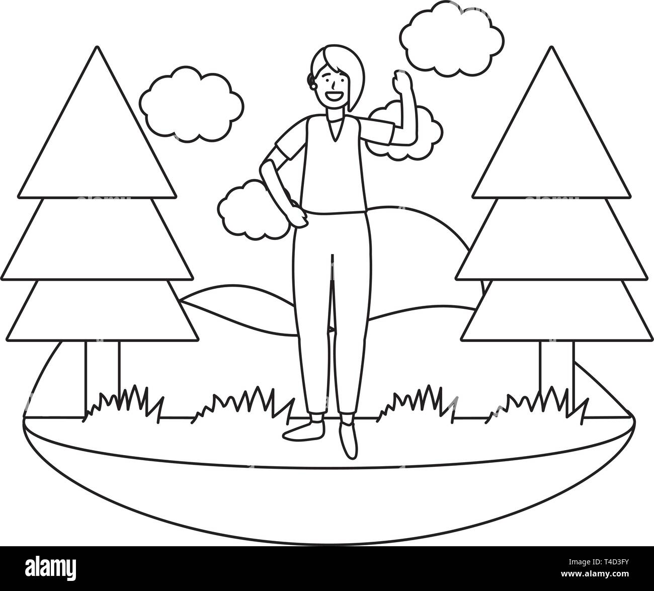 woman avatar cartoon character outdoor rural landscape black and white ...