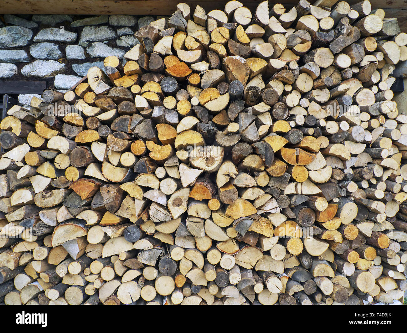 Stack of logs on chalet wall Stock Photo - Alamy