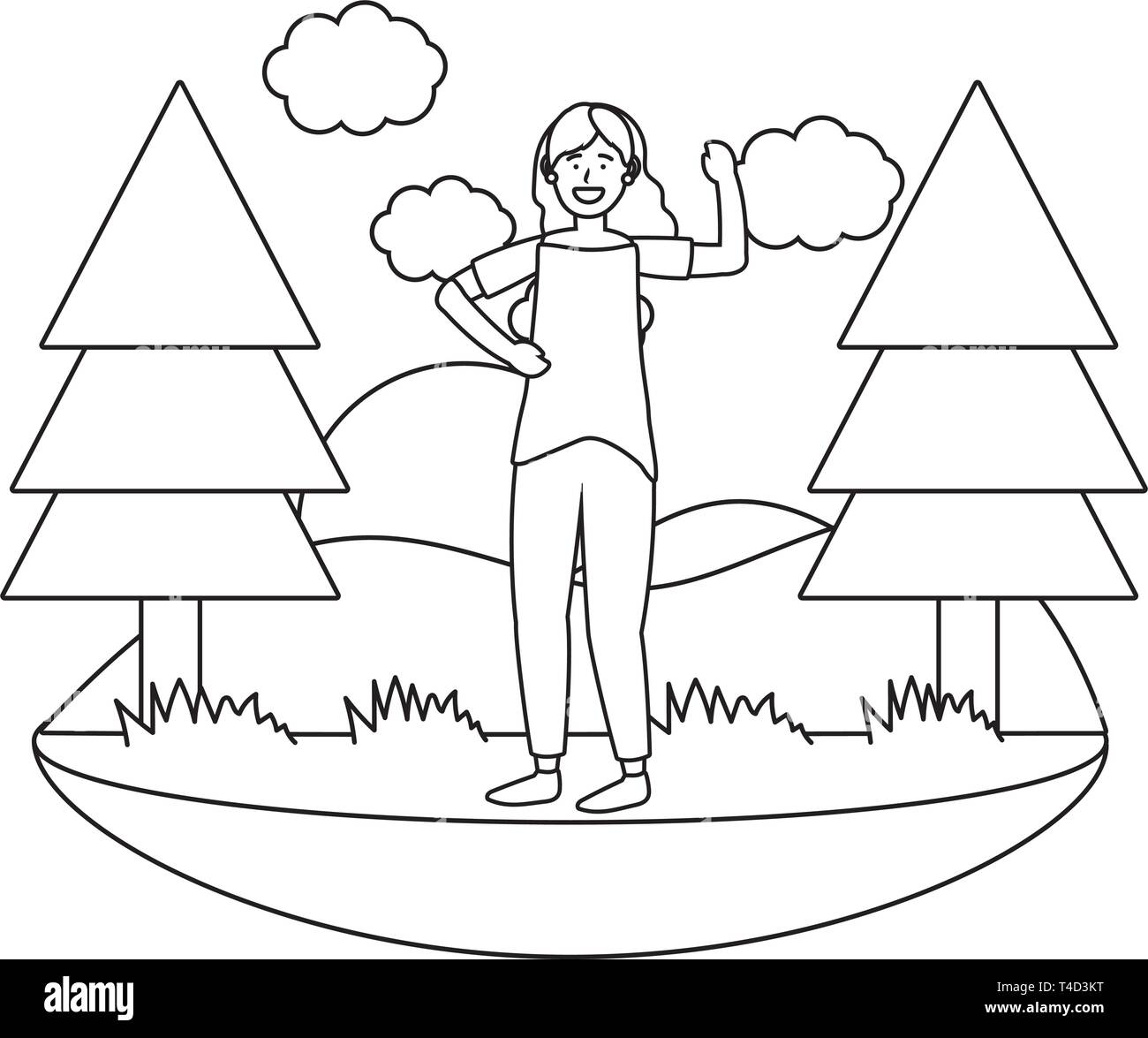 woman avatar cartoon character outdoor rural landscape black and white ...