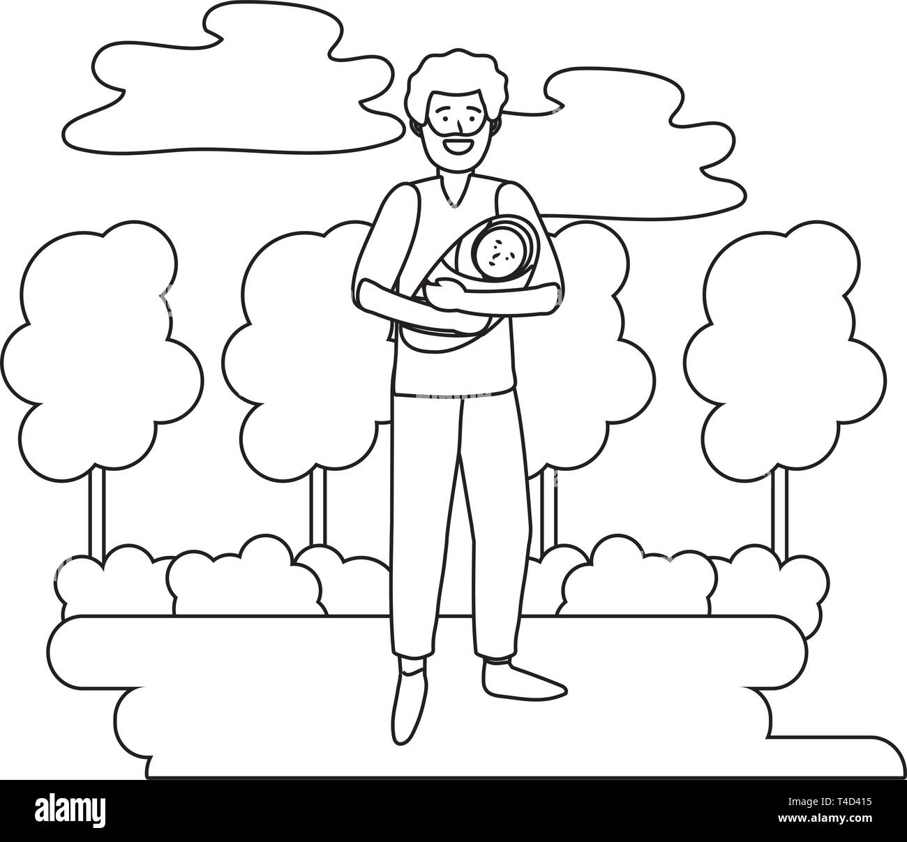 man carrying baby avatar cartoon character outdoor rural landscape ...