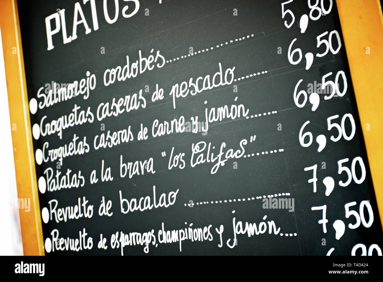 closeup of a typical spanish menu in Cordoba, Andalucia, Spain Stock ...