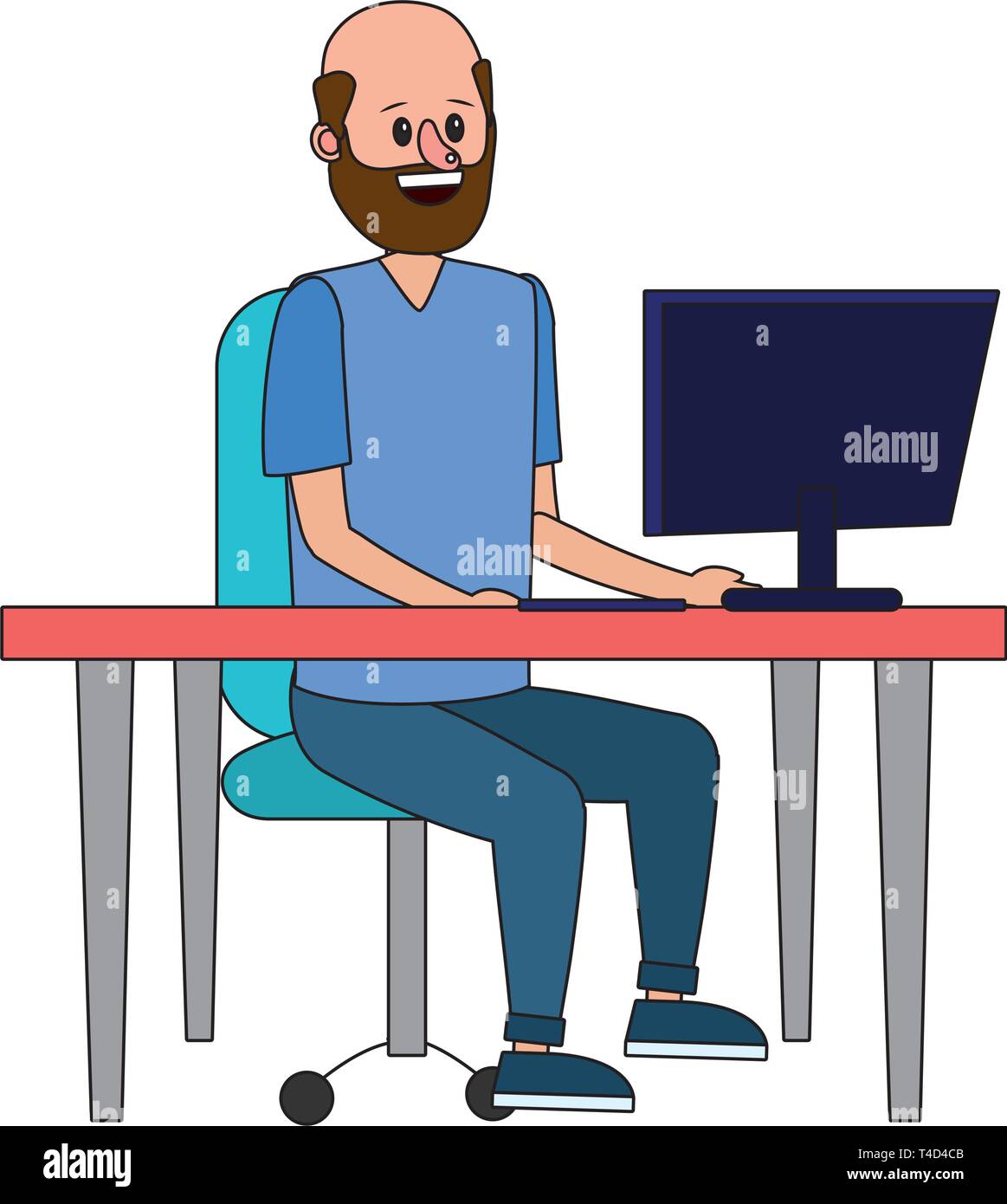 man using technology device computer over desk vector illustration ...