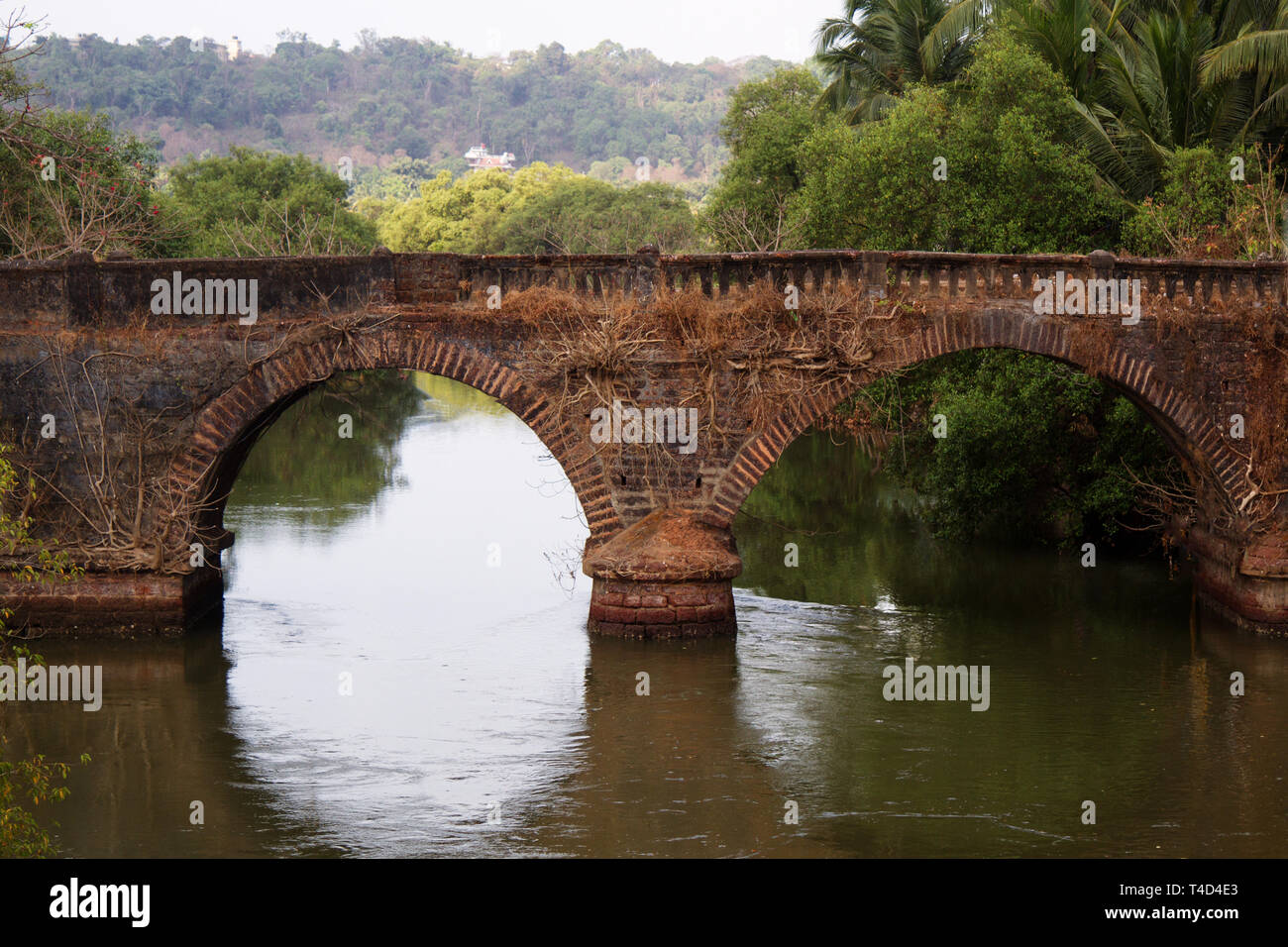 Ancient arched bridge, viaduct over the river. Colonial architecture of ...