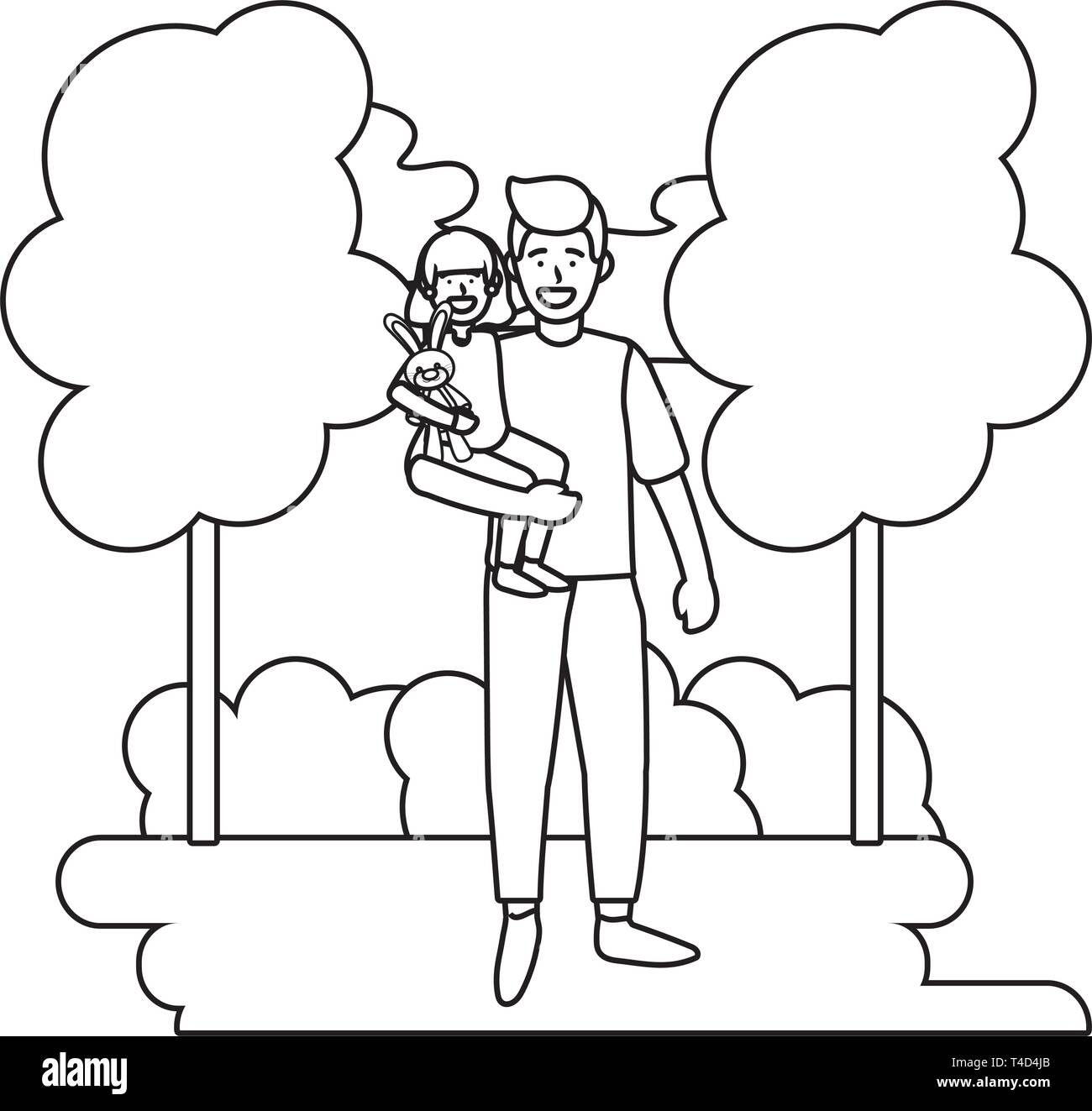 man carrying a child avatar cartoon character park landscape vector ...