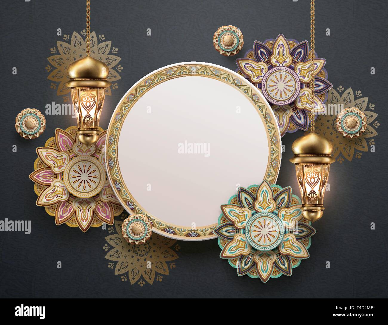 Islamic round frame with arabesque flowers and hanging lanterns Stock ...