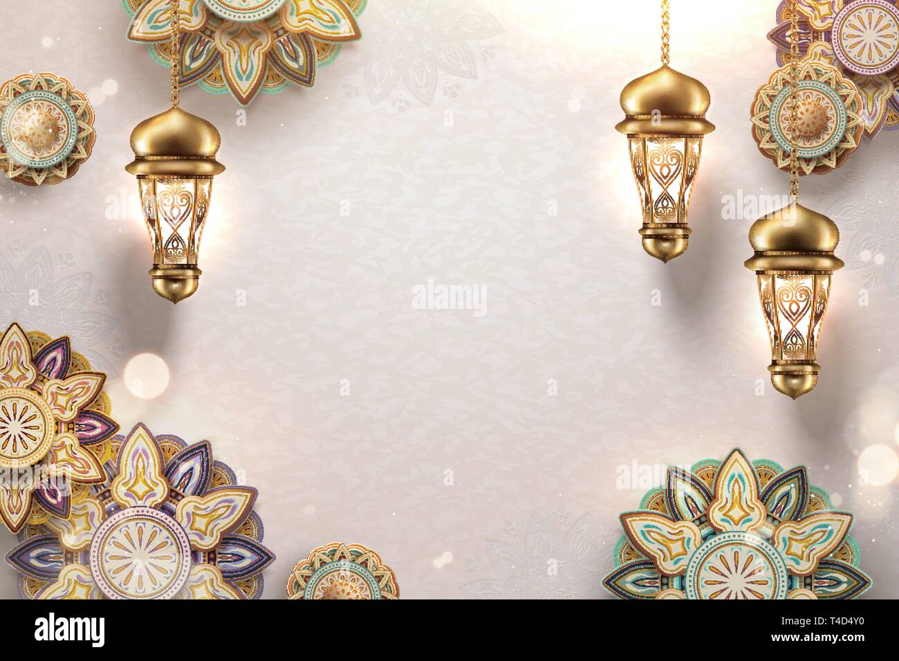 Islamic art beige background with hanging lanterns and arabesque ...