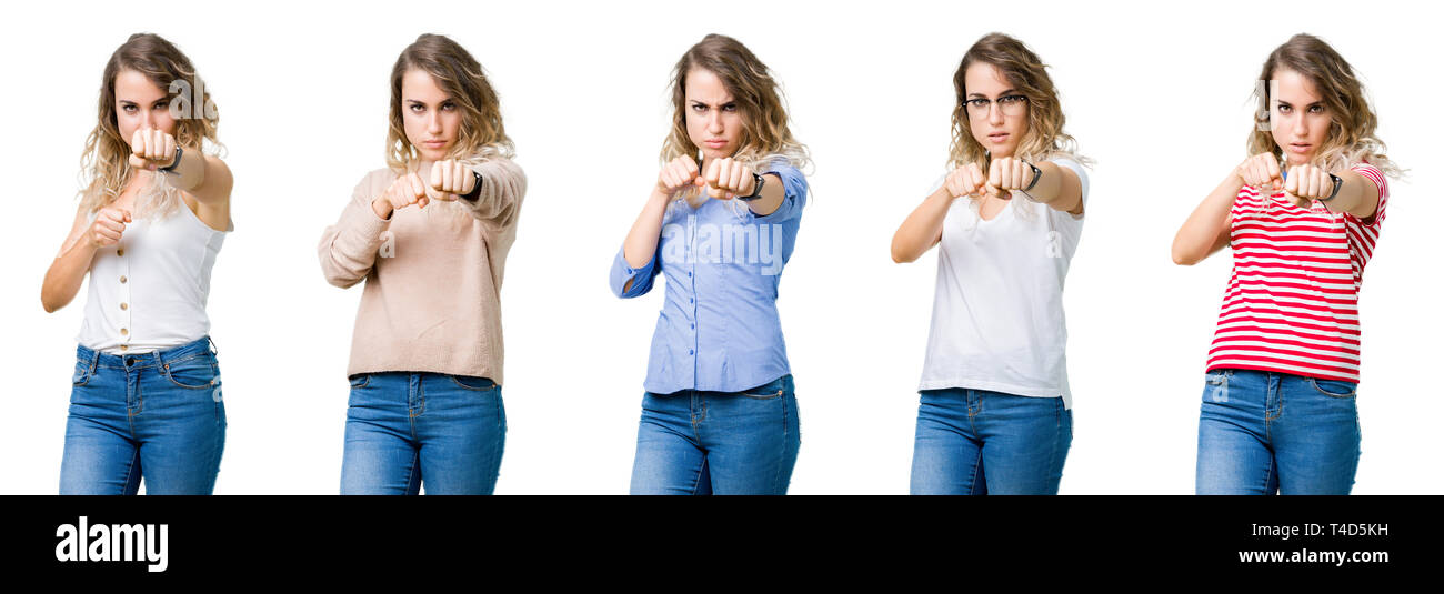 Collage of young beautiful blonde girl over isolated background ...