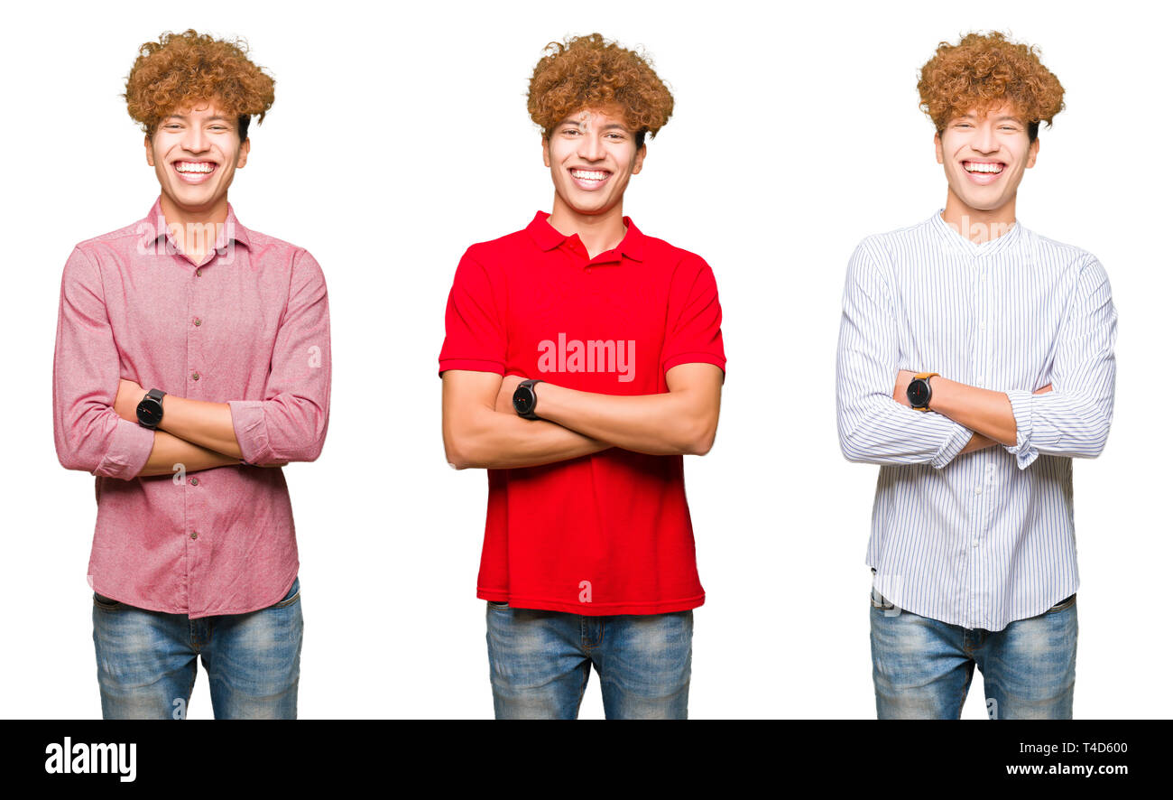 Collage of young bussines man with curly hair over isolated white ...