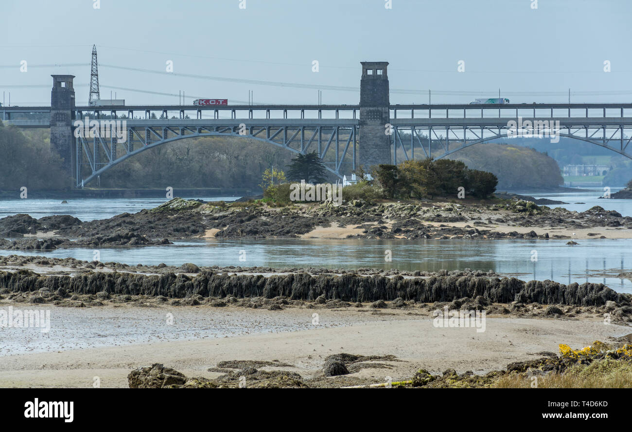 A view of Britannia Bridge, linking the North Wales mainland to the ...