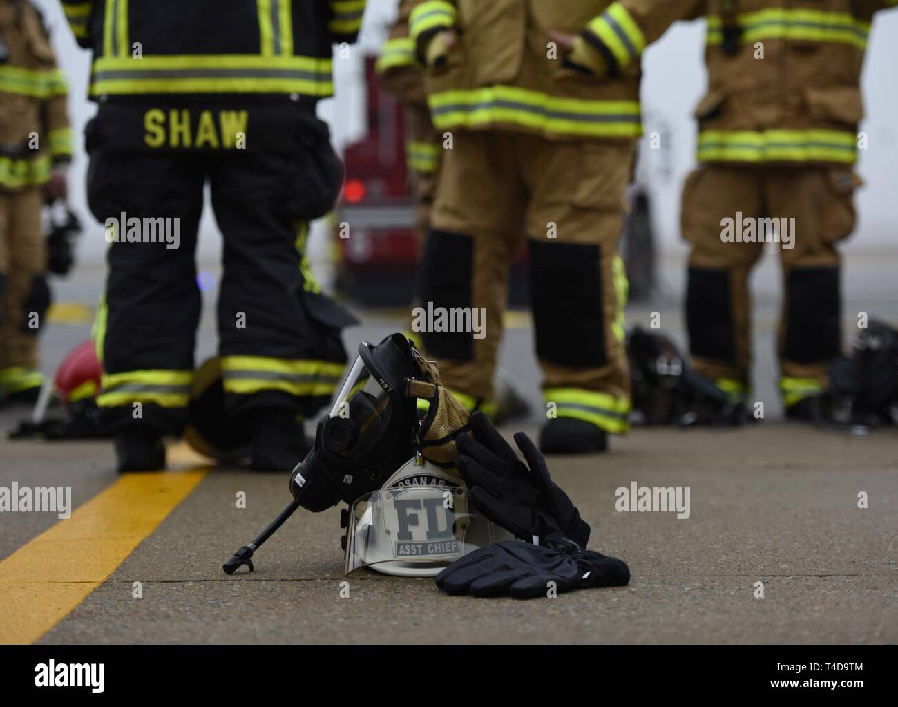 U.S. Air Force firefighting equipment sits on the ground as 51st Civil ...