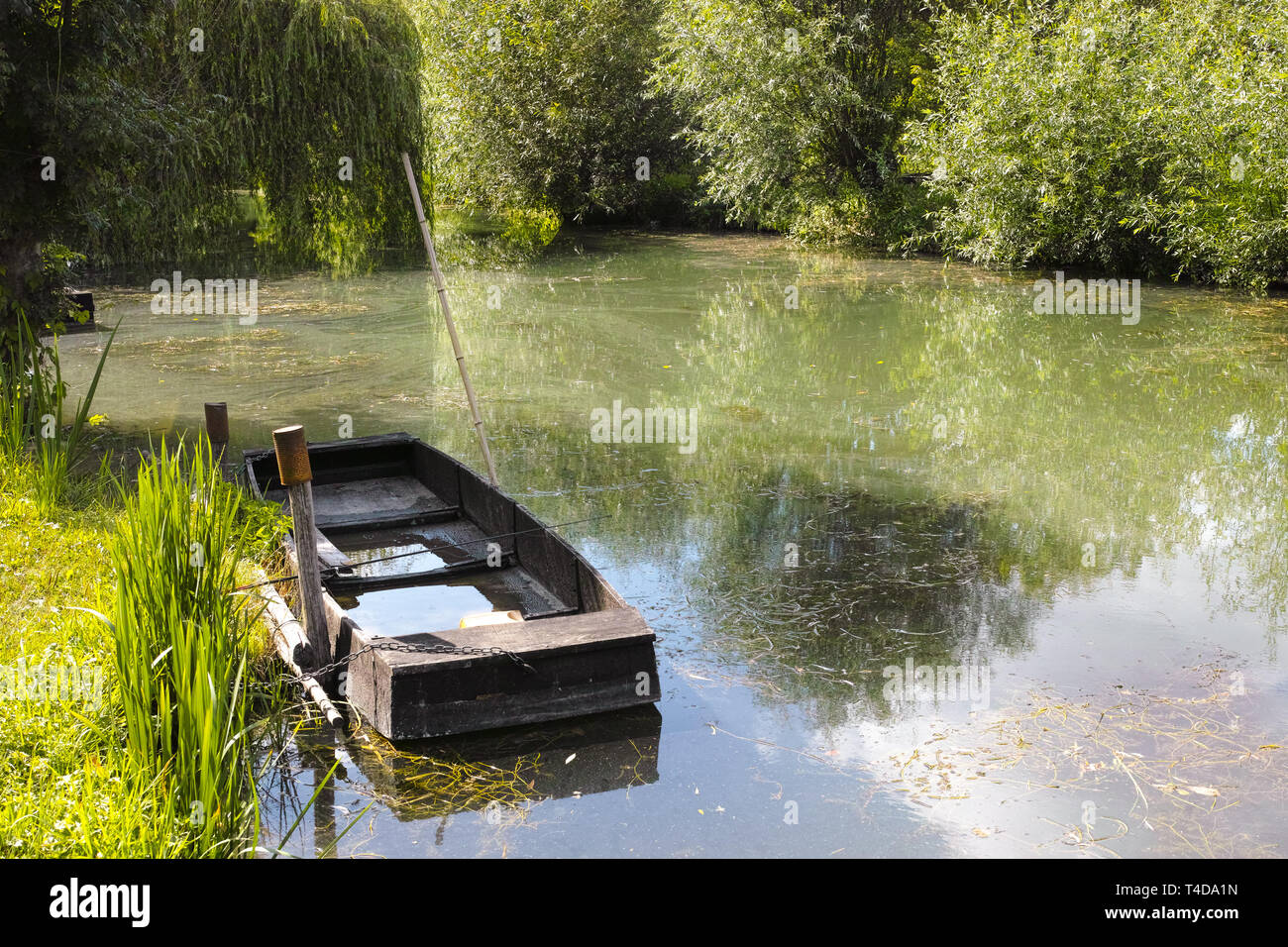 Small boat in marshes in Bourges, Berry province, Centre-Val de Loire ...