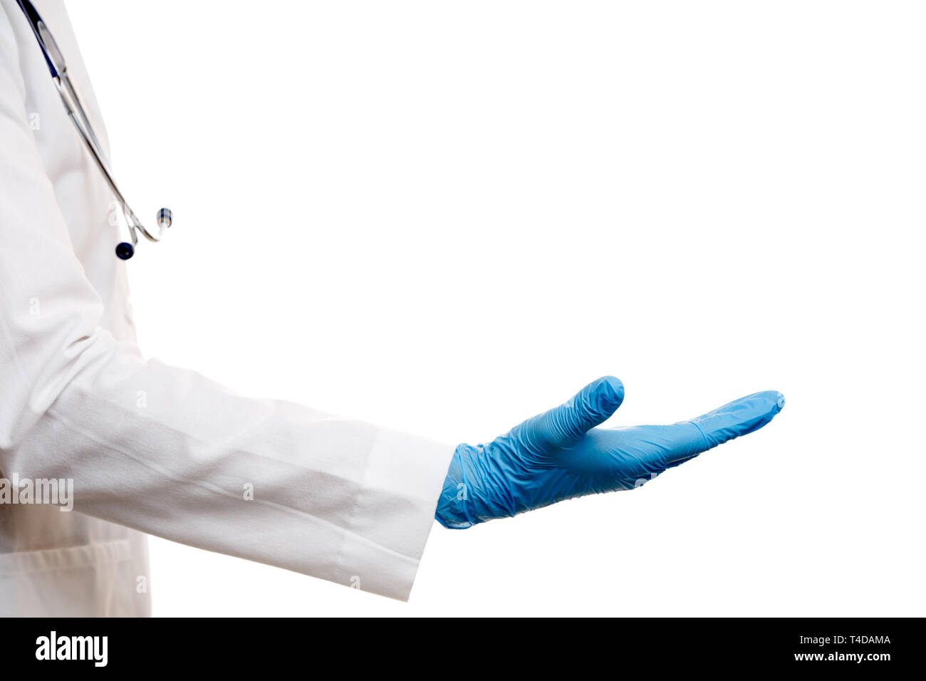 Photo of doctor with phonendoscope in blue rubber gloves holding hand ...