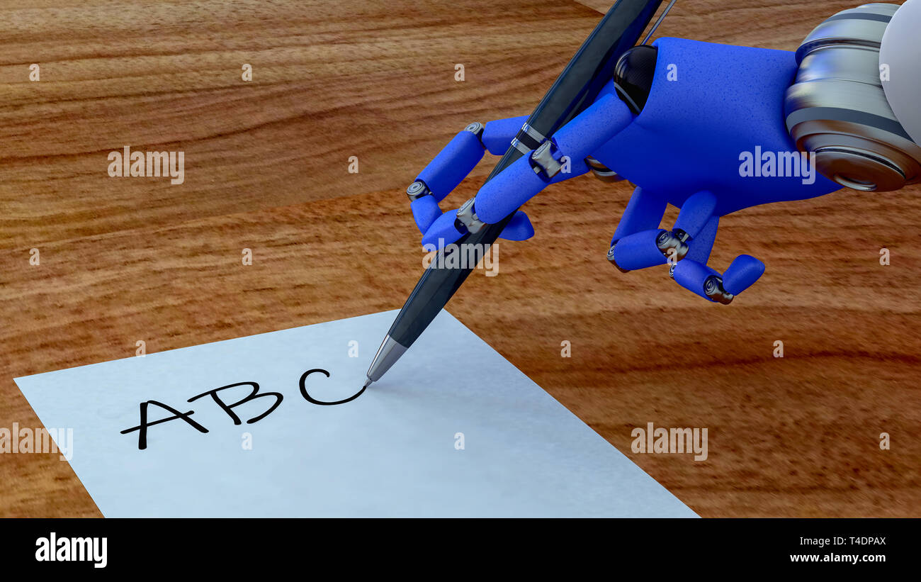 Artificial intelligence, a robot hand writes letters(3d rendering Stock ...