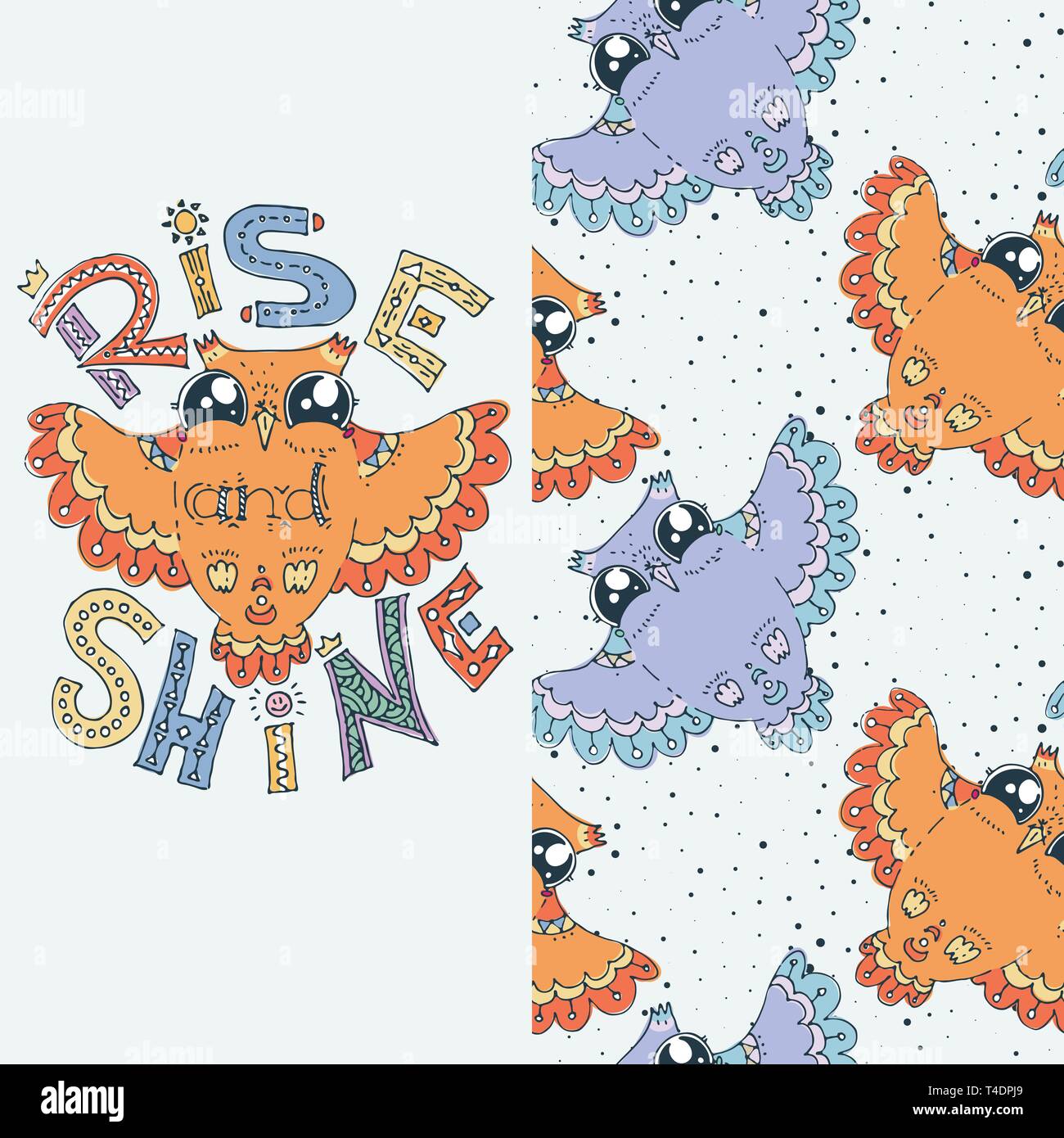 Rise and shine. Set of cute cartoon animal and seamless pattern. Vector ...
