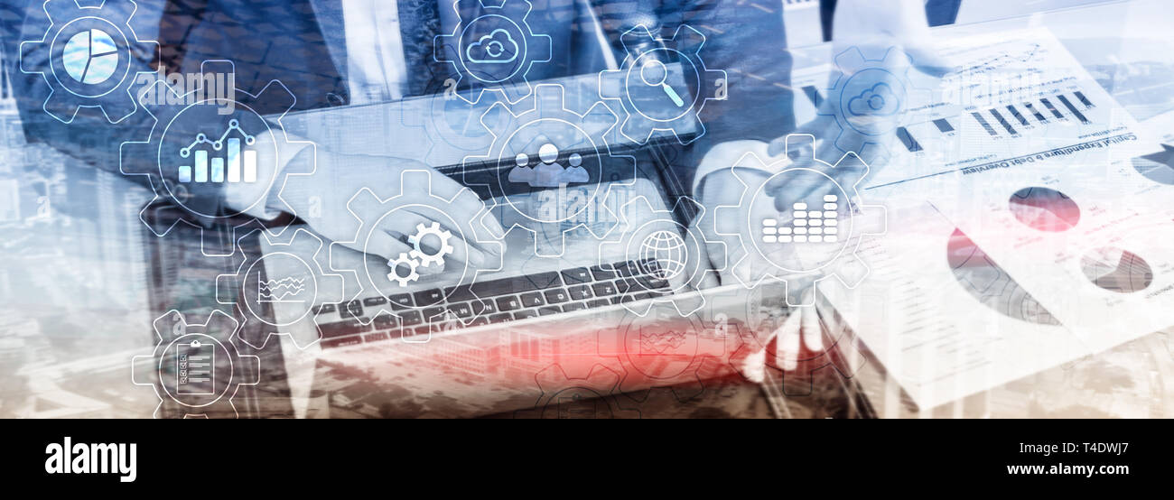 Business process abstract diagram with gears and icons. Workflow and ...