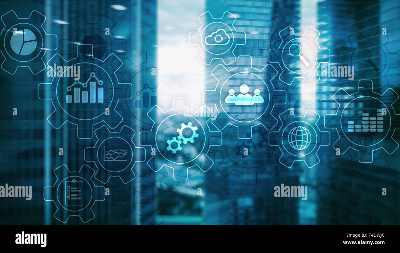 Business process abstract diagram with gears and icons. Workflow and ...