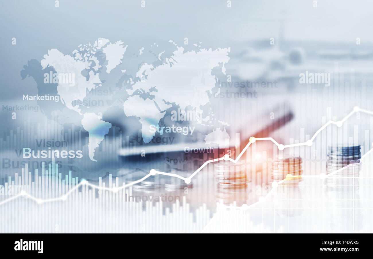 World wide map on abstract business background, coins and calculator ...