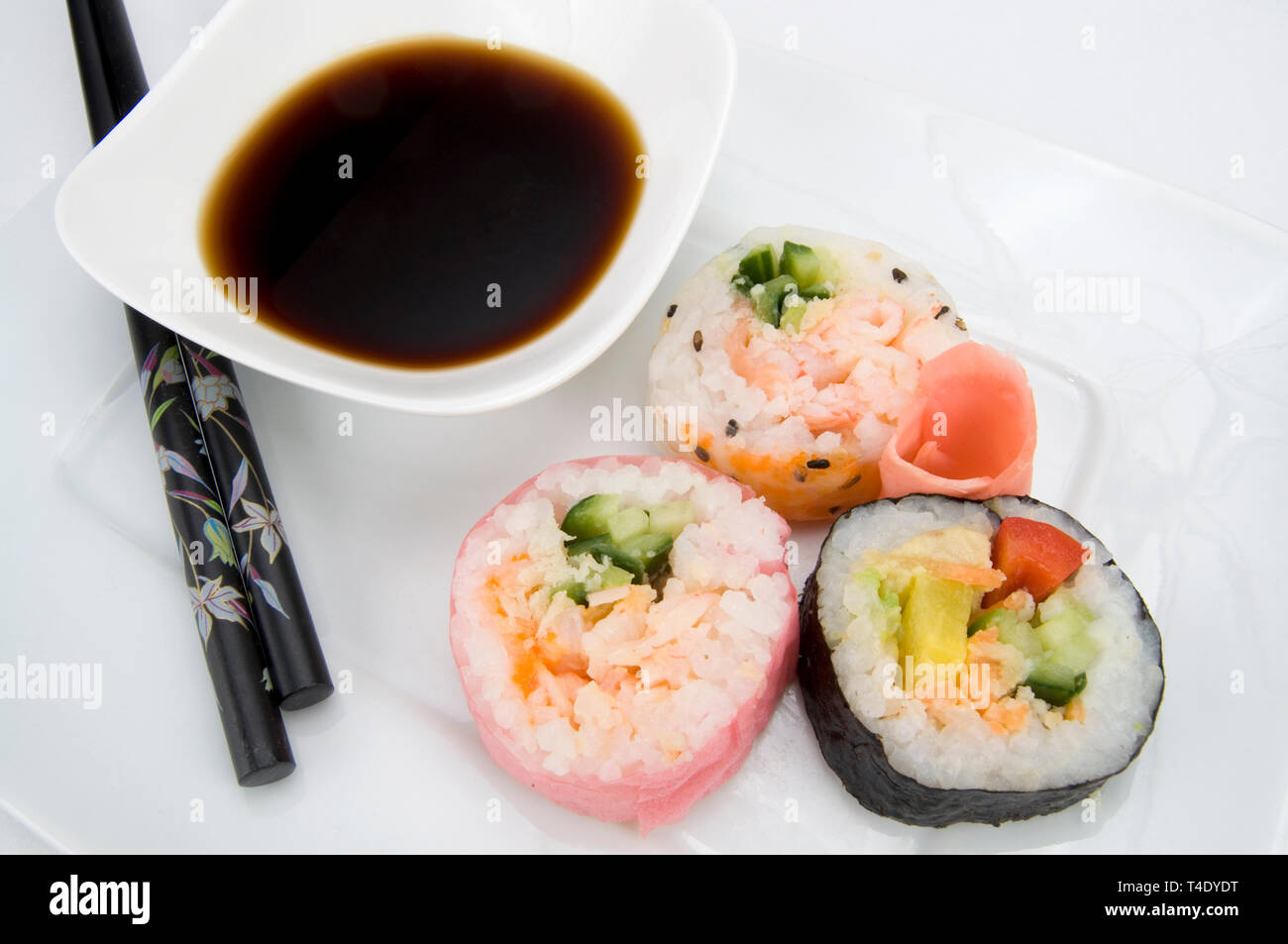 Top View of Various Japanese Sushi with Soy Sauce Stock Photo - Alamy